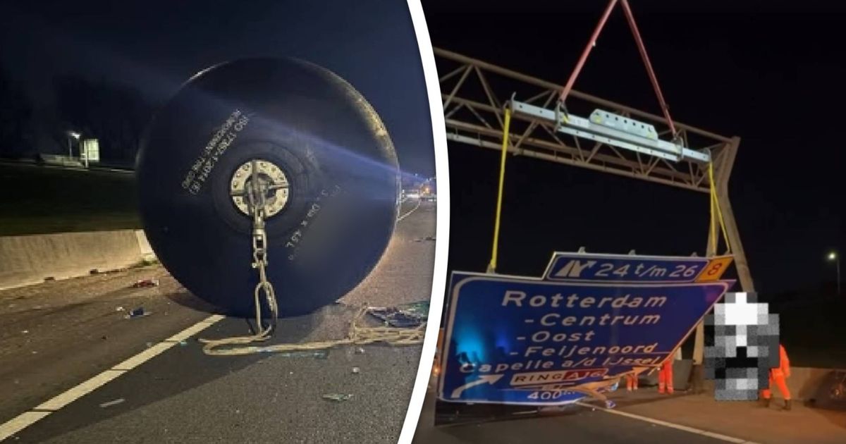 Metershoog stootkussen stuitert over de snelweg en slaat matrixborden ...