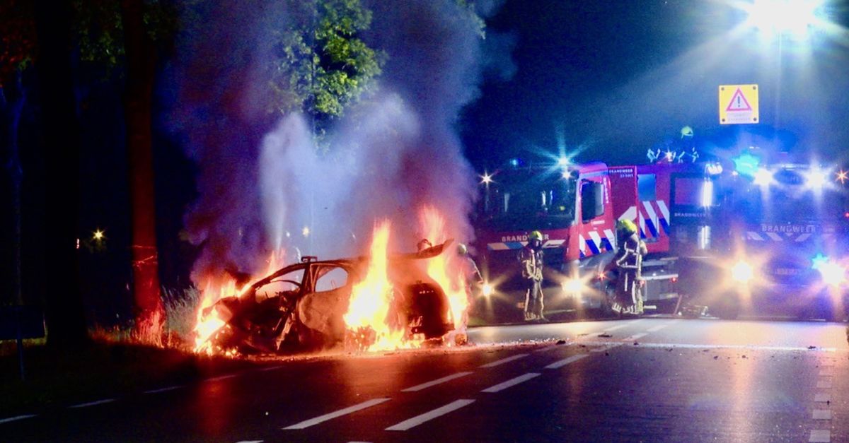 Auto brandt volledig uit na botsing tegen boom: bestuurder gewond - L1 ...