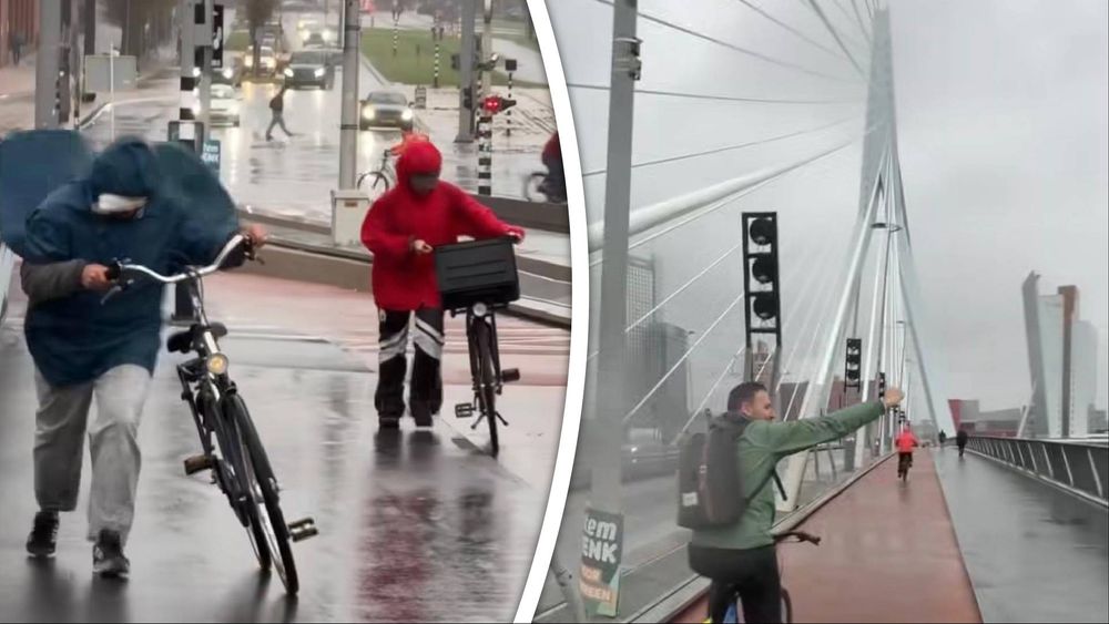 Storm Benjamin blaast fietsers omver op Erasmusbrug: 'Hoe erger, hoe ...