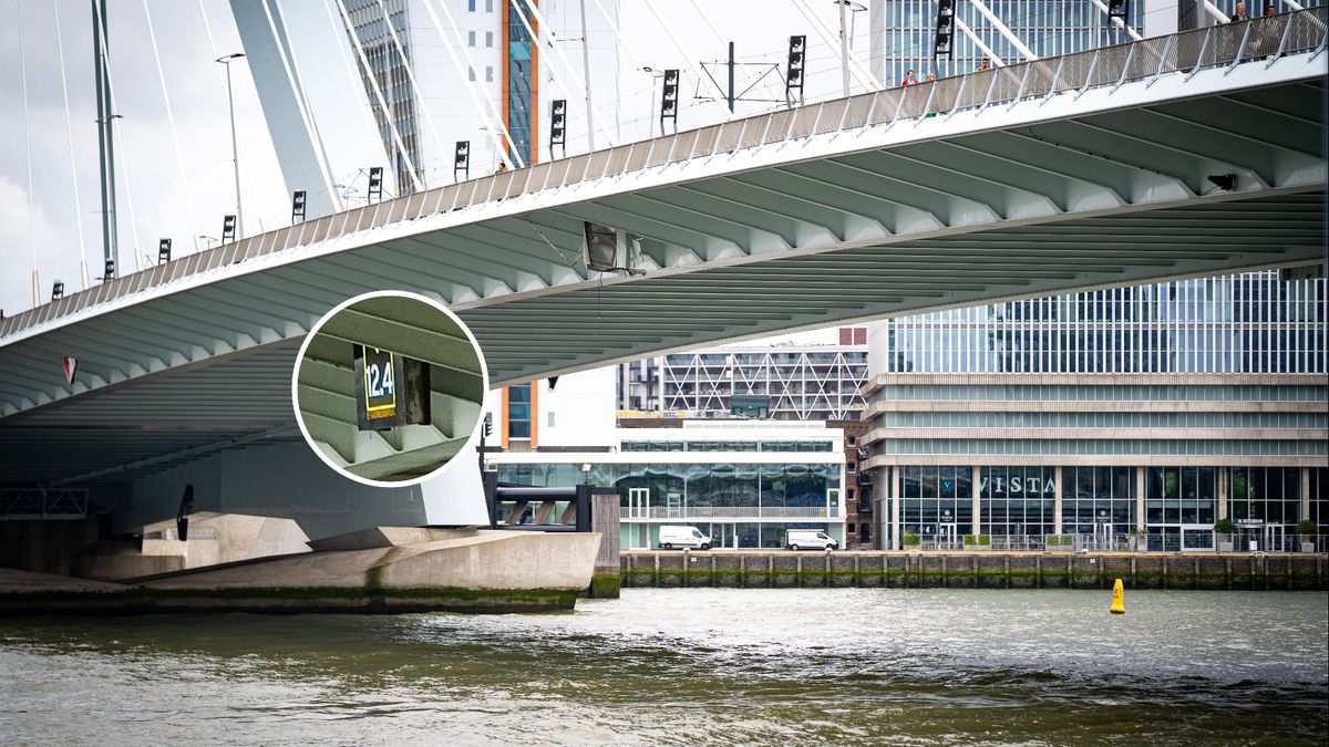 Schip met te hoge kraan vaart tegen Erasmusbrug en sloopt matrixbord ...