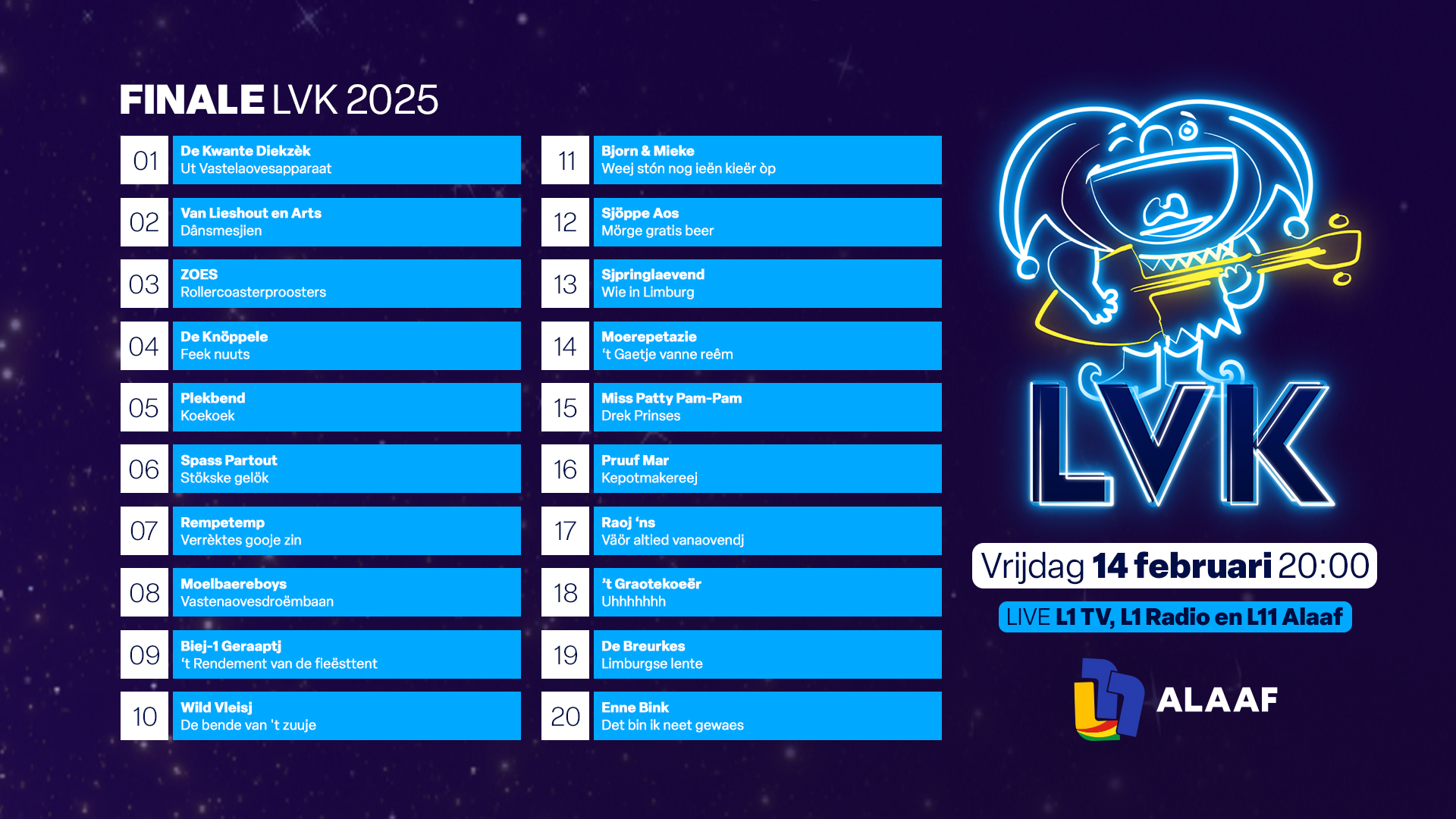 Kijk hier alle nummers: dit zijn de 20 finalisten van het LVK 2025! - L1